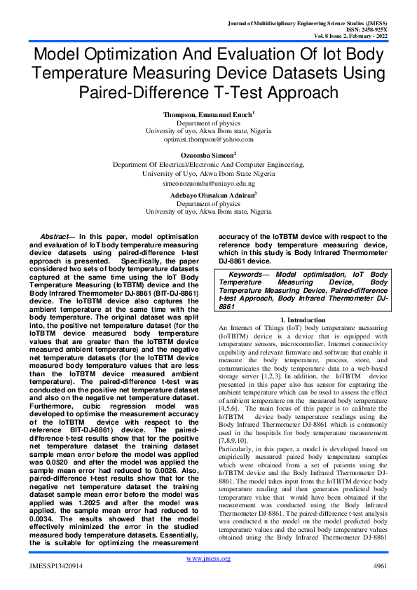Pdf Model Optimization And Evaluation Of Iot Body Temperature Measuring Device Datasets Using