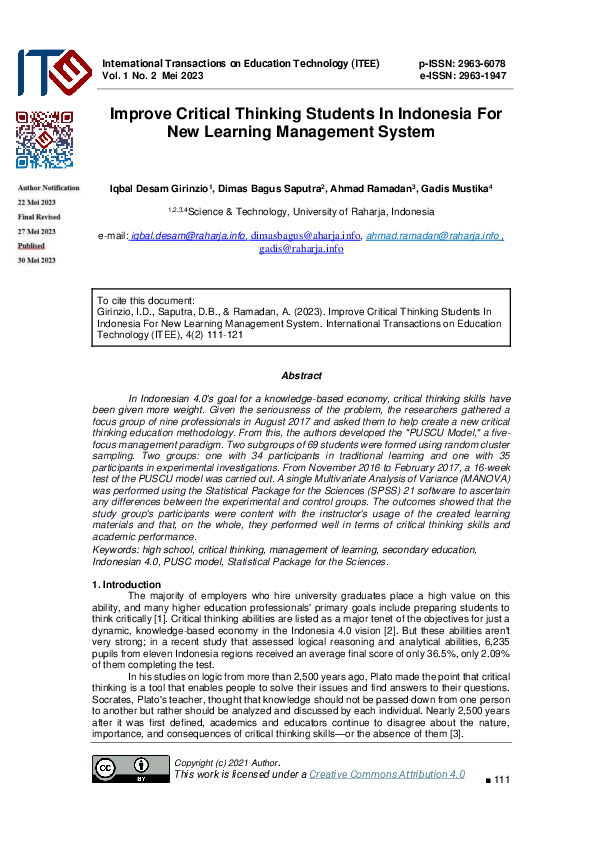 (PDF) Improve Critical Thinking Students in Indonesia for New Learning Management System