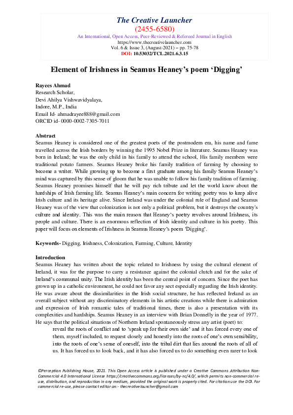 (PDF) Element of Irishness in Seamus Heaney’s poem ‘Digging’