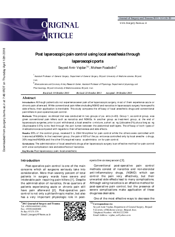 (PDF) Post laparoscopic pain control using local anesthesia through ...