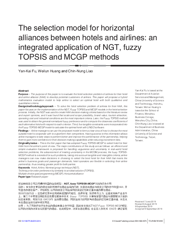 (PDF) The selection model for horizontal alliances between hotels and ...