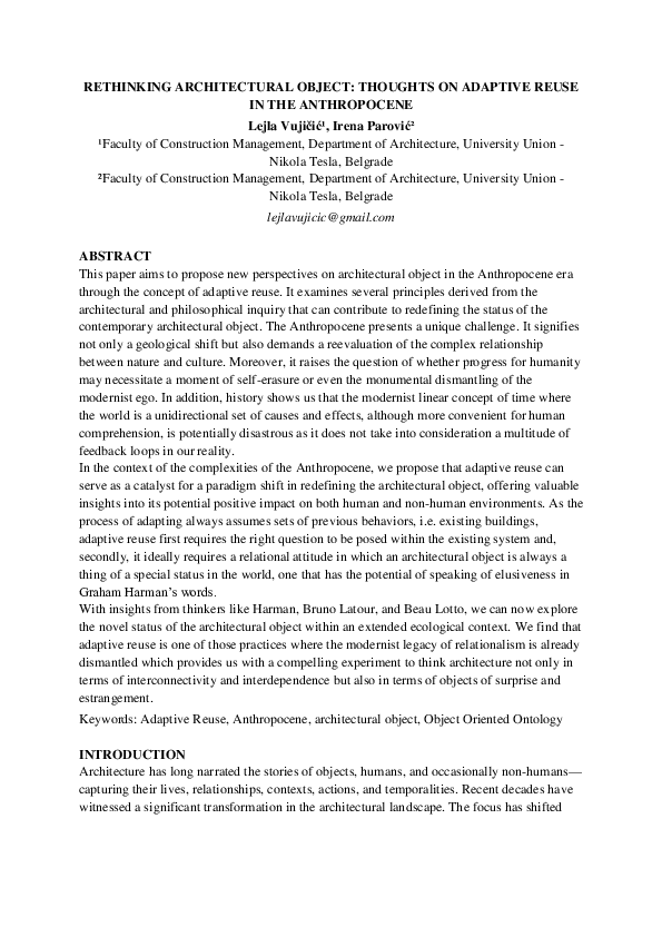(PDF) RETHINKING ARCHITECTURAL OBJECT: THOUGHTS ON ADAPTIVE REUSE IN ...