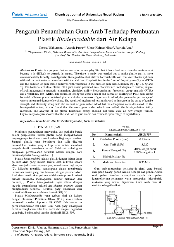 (PDF) Pengaruh Penambahan Gum Arab Terhadap Pembuatan Plastik ...