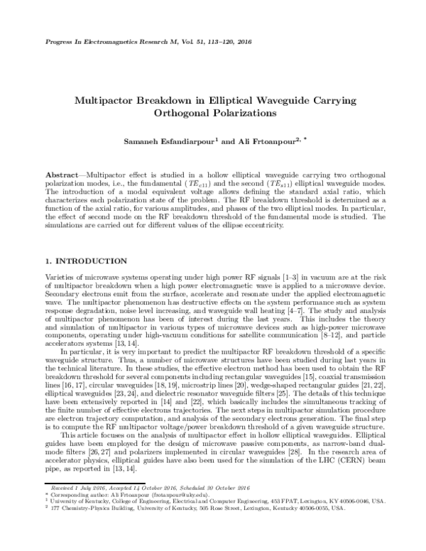 (PDF) Multipactor Breakdown in Elliptical Waveguide Carrying Orthogonal ...