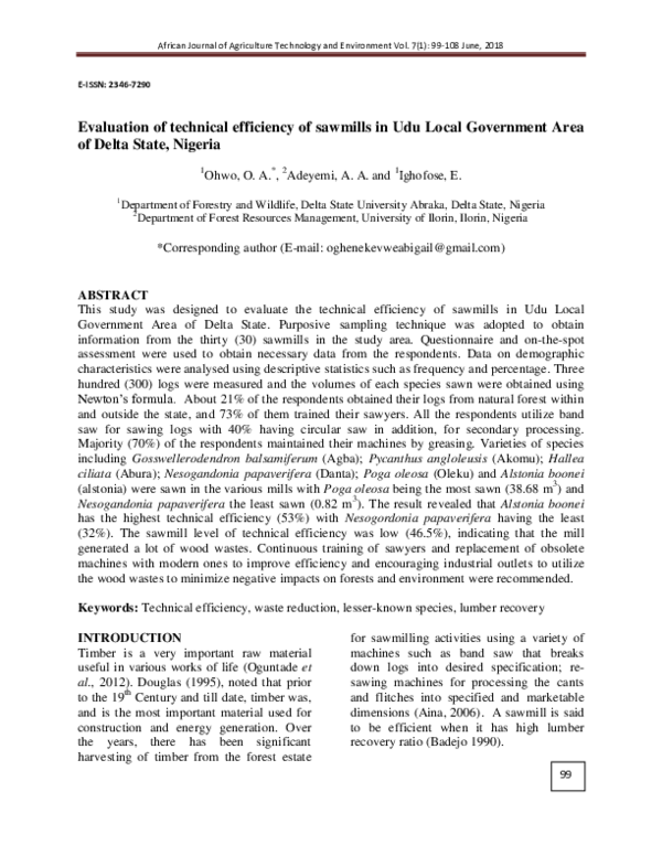 (PDF) Evaluation of technical efficiency of sawmills in Udu Local ...