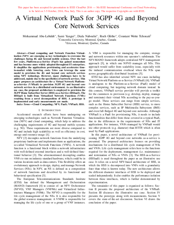 (PDF) A Virtual Network PaaS for 3GPP 4G and Beyond Core Network Services