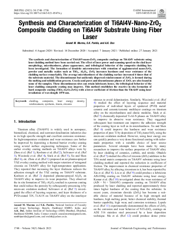 (PDF) Synthesis and Characterization of Ti6Al4V-Nano-ZrO 2 Composite Cladding on Ti6Al4V ...