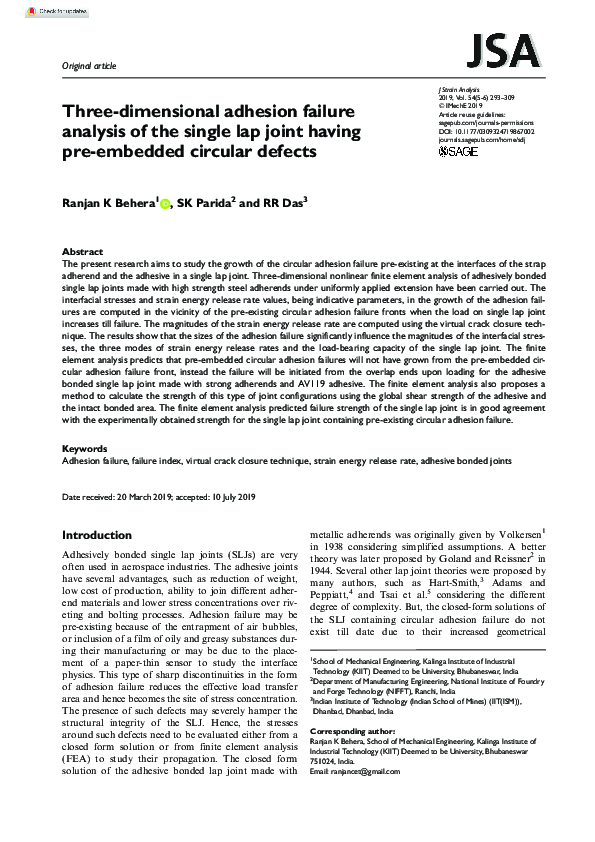 (PDF) Three-dimensional adhesion failure analysis of the single lap joint having pre-embedded ...