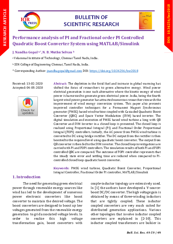 (PDF) Performance analysis of PI and Fractional order PI Controlled Quadratic Boost Converter ...