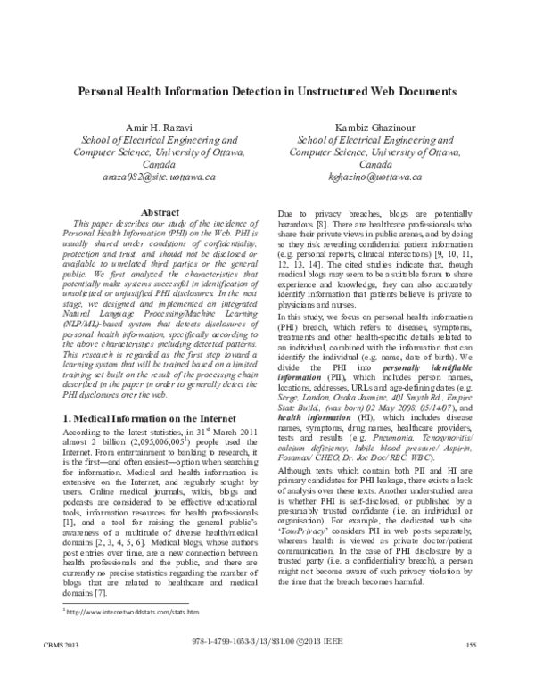 Personal Health Information detection in unstructured web documents
