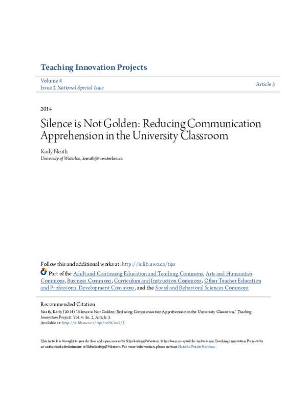 (PDF) Silence is Not Golden: Reducing Communication Apprehension in the ...