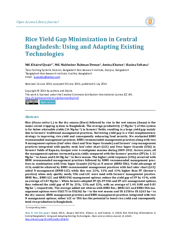 (PDF) Rice Yield Gap Minimization in Central Bangladesh: Using and ...