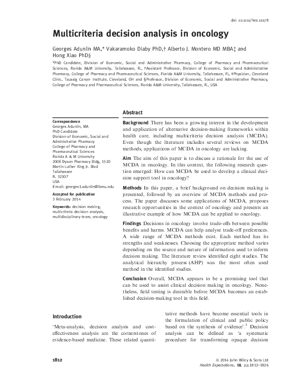 (PDF) Multicriteria decision analysis in oncology