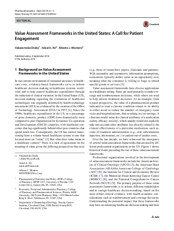 (PDF) Value Assessment Frameworks in the United States: A Call for ...