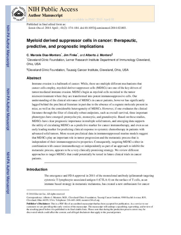 (PDF) Myeloid-Derived Suppressor Cells in Cancer: Therapeutic, Predictive, and Prognostic ...