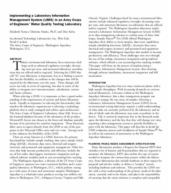 (PDF) Implementing a Laboratory Information Management System (LIMS) in an Army Corps of ...