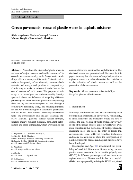 (PDF) Green pavements: reuse of plastic waste in asphalt mixtures