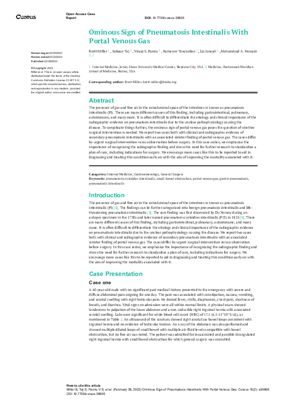 (PDF) Ominous Sign of Pneumatosis Intestinalis With Portal Venous Gas