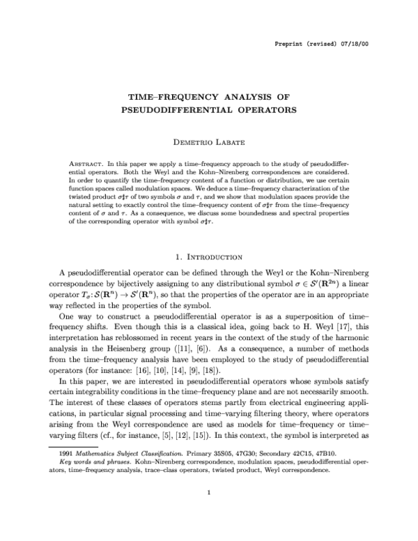 (PDF) Preprint revised TIME FREQUENCY ANALYSIS OF PSEUDODIFFERENTIAL OPERATORS