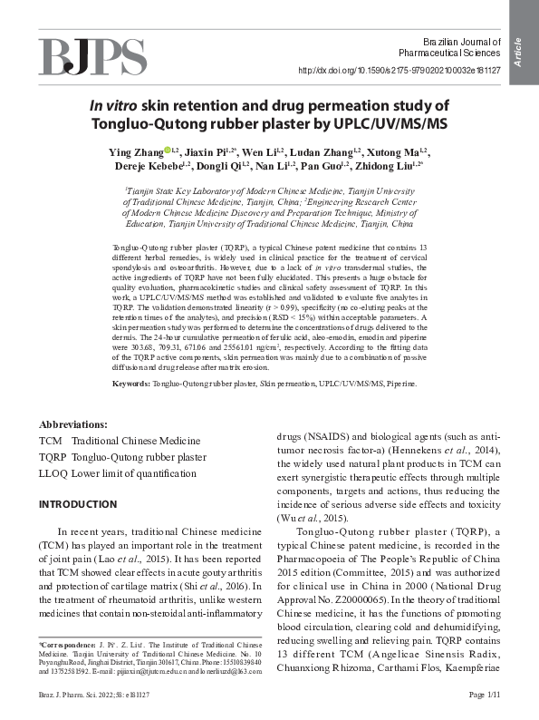 (PDF) In vitro skin retention and drug permeation study of Tongluo ...