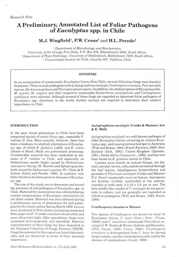 (PDF) A Preliminary, Annotated List of Foliar Pathogens ofEucalyptusspp, in Chile
