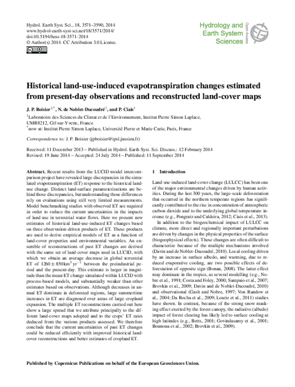 (PDF) Historical land-use induced evapotranspiration changes estimated ...
