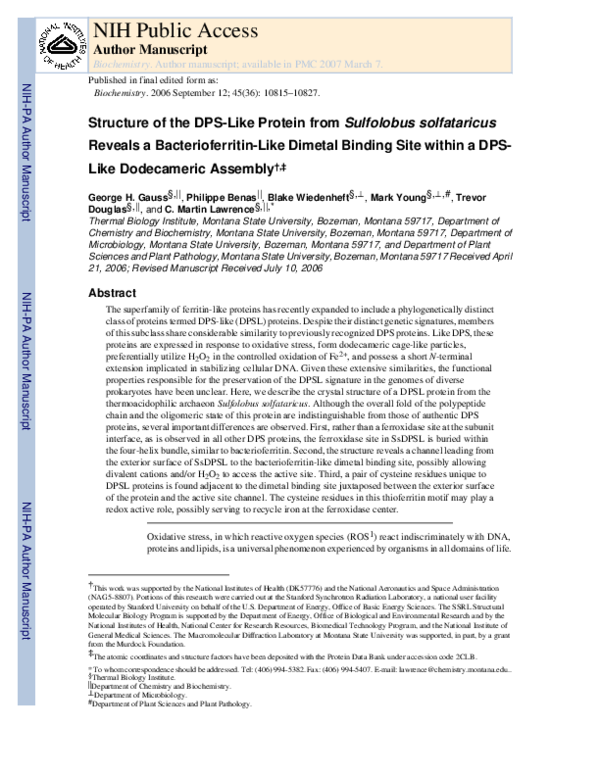 (PDF) Structure of the DPS-Like Protein from Sulfolobus solfataricus ...