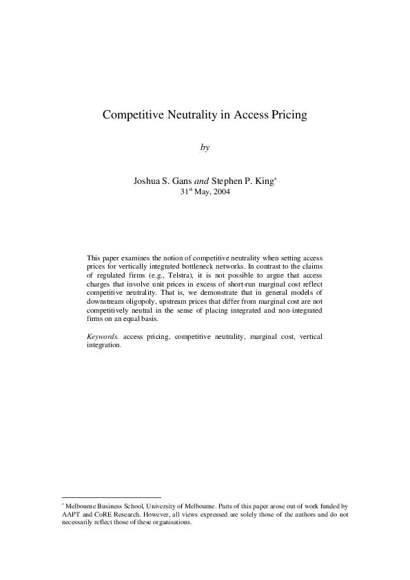 (PDF) Competitive Neutrality in Access Pricing