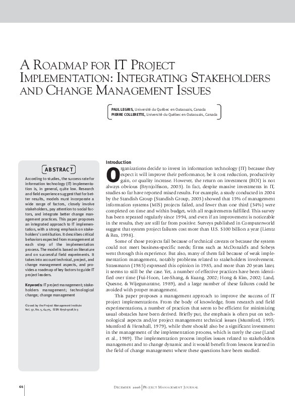 (PDF) A Roadmap for it Project Implementation: Integrating Stakeholders and Change Management Issues