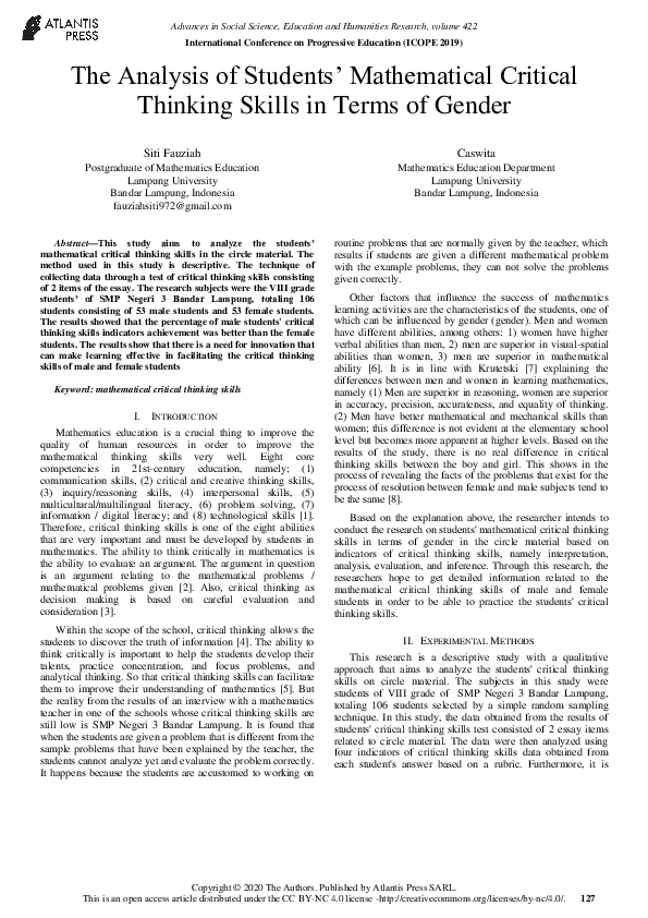 (PDF) The Analysis of Students’ Mathematical Critical Thinking Skills in Terms of Gender