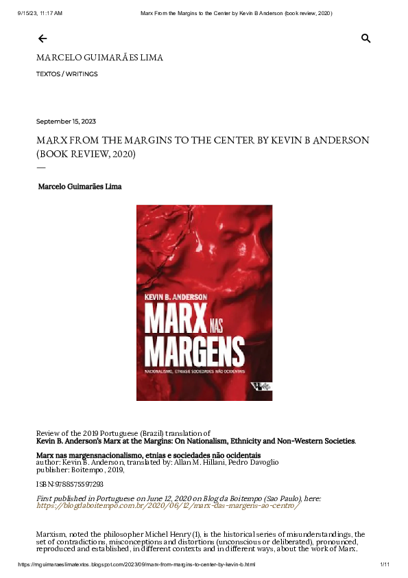 (PDF) Marx From the Margins to the Center by Kevin B Anderson (book ...