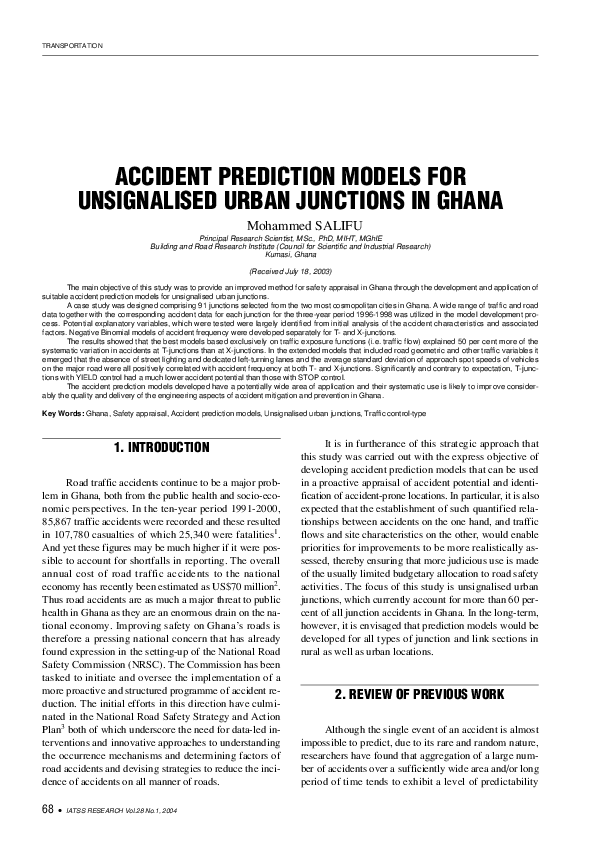 (PDF) Accident Prediction Models for Unsignalised Urban Junctions in Ghana