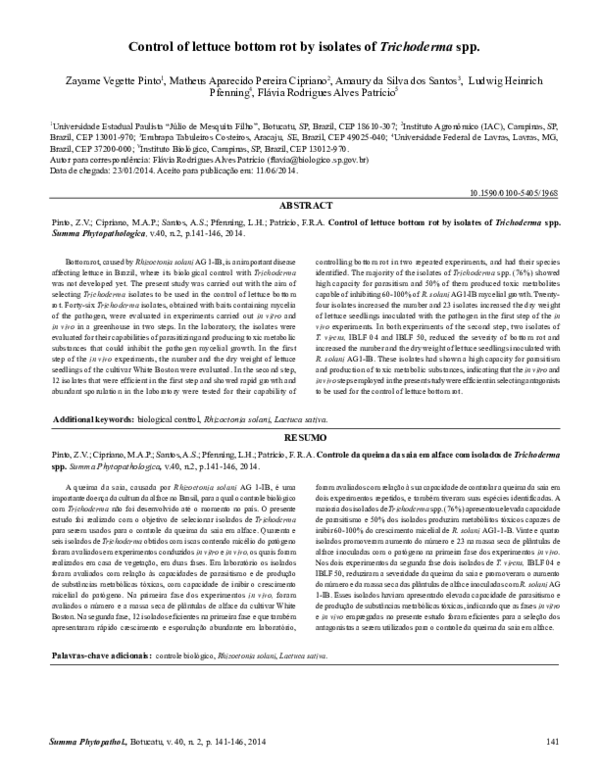 (PDF) Control of lettuce bottom rot by isolates of Trichoderma spp