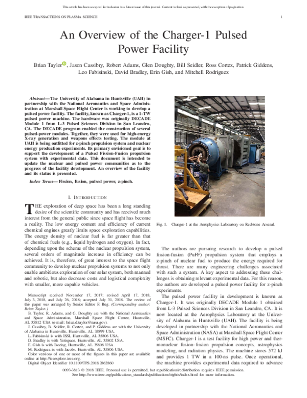 (PDF) An Overview of the Charger-1 Pulsed Power Facility
