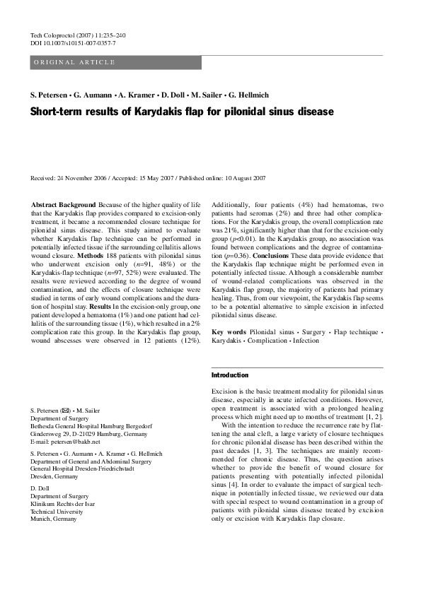 (PDF) Short-term results of Karydakis flap for pilonidal sinus disease