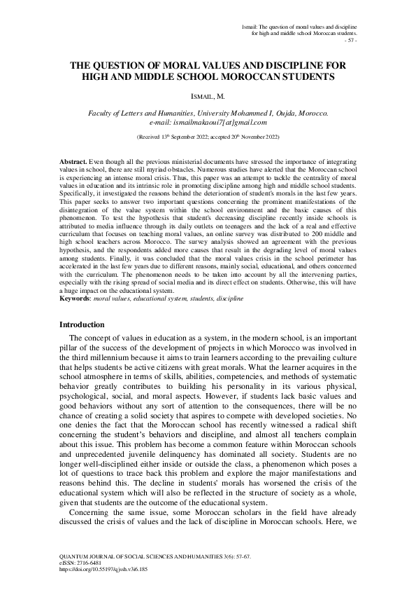 (PDF) THE QUESTION OF MORAL VALUES AND DISCIPLINE FOR HIGH AND MIDDLE ...