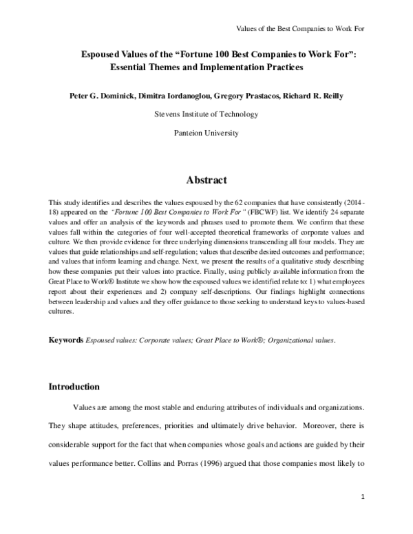 (PDF) Espoused Values of the “Fortune 100 Best Companies to Work For ...