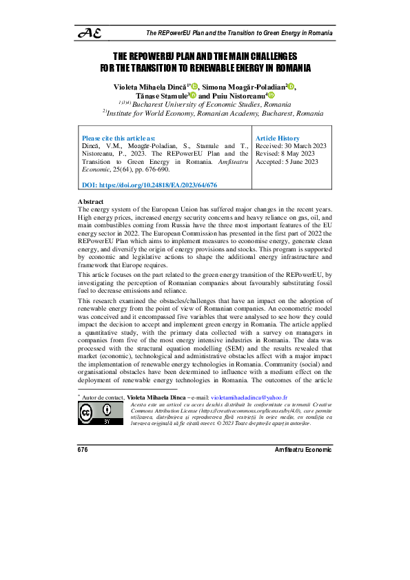 (PDF) The REPowerEU Plan and the Transition to Green Energy in Romania | Simona Poladian ...