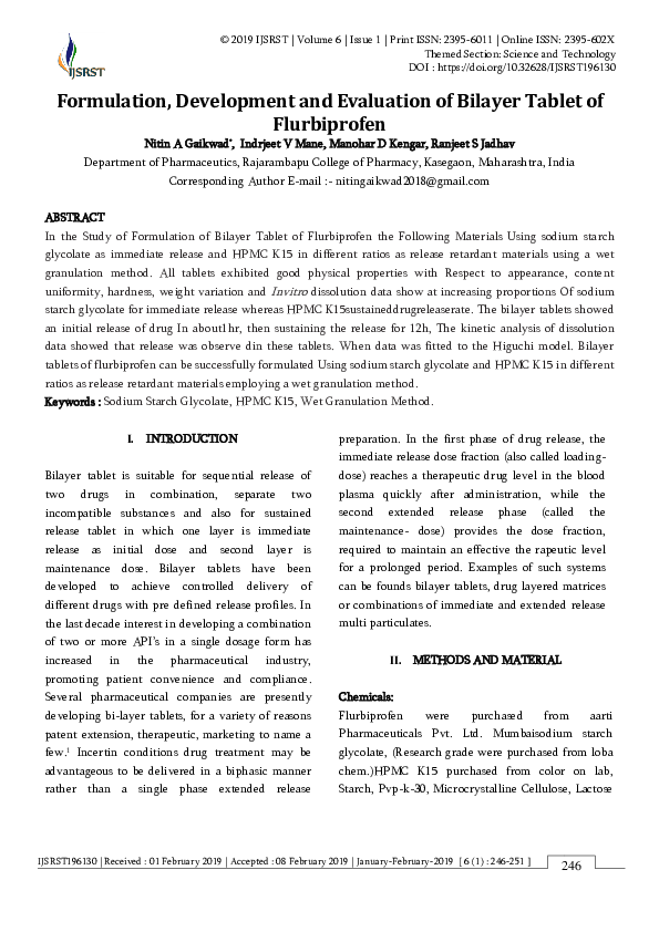 Pdf Formulation Development And Evaluation Of Bilayer Tablet Of Flurbiprofen Prakash Pujari