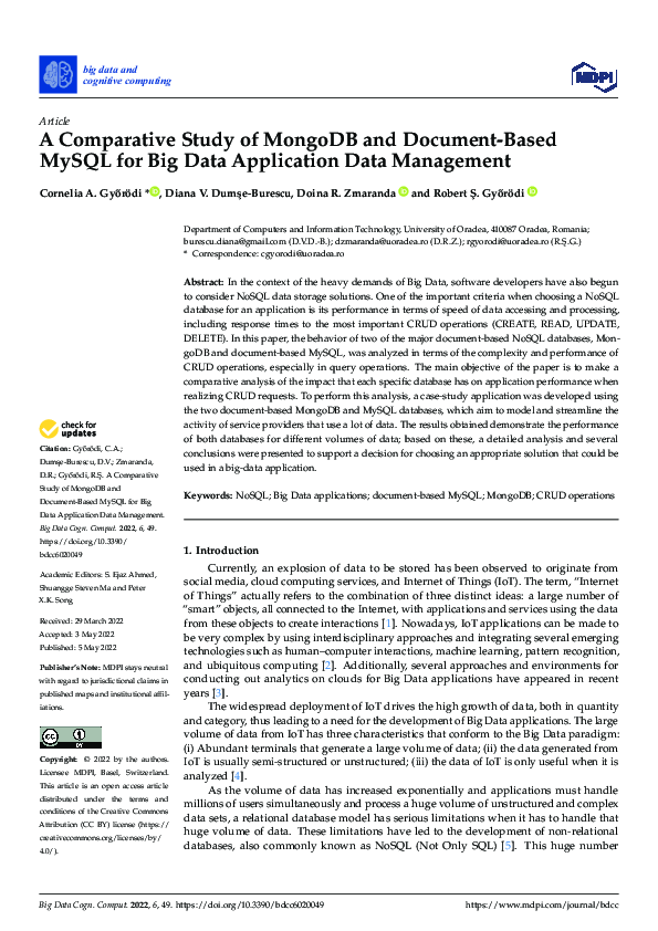(PDF) A Comparative Study of MongoDB and Document-Based MySQL for Big Data Application Data ...