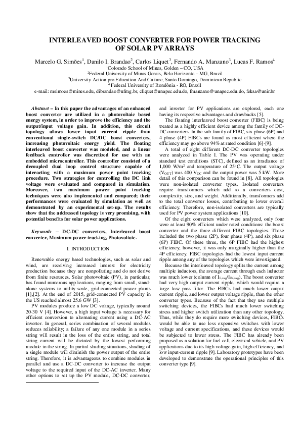 (PDF) Interleaved boost converter for power tracking of solar PV arrays