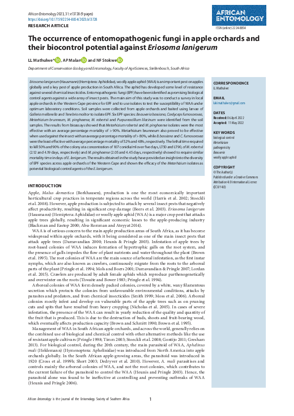 (PDF) The occurrence of entomopathogenic fungi in apple orchards and their biocontrol potential ...