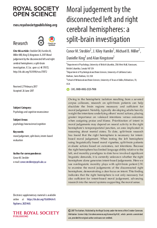 (PDF) Moral judgement by the disconnected left and right cerebral ...
