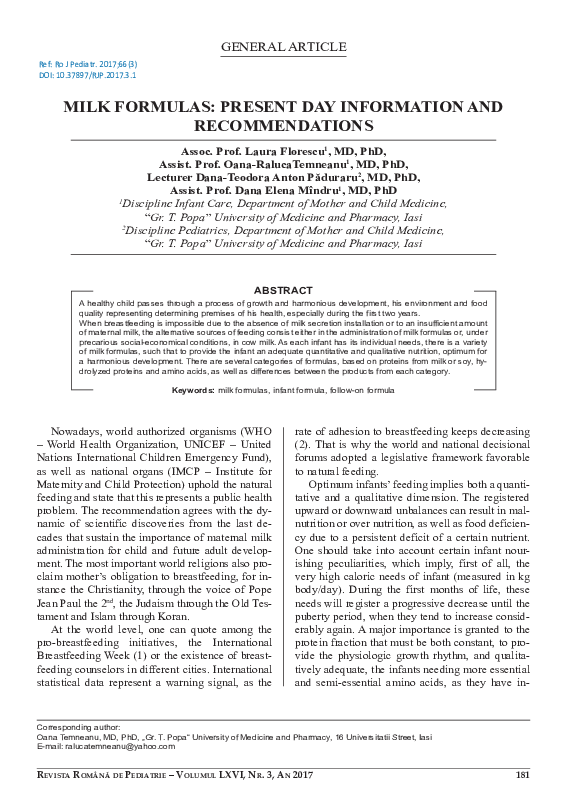 (PDF) Milk Formulas: Present Day Information and Recommendations
