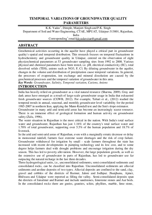 Pdf Temporal Variations Of Groundwater Quality Parameters
