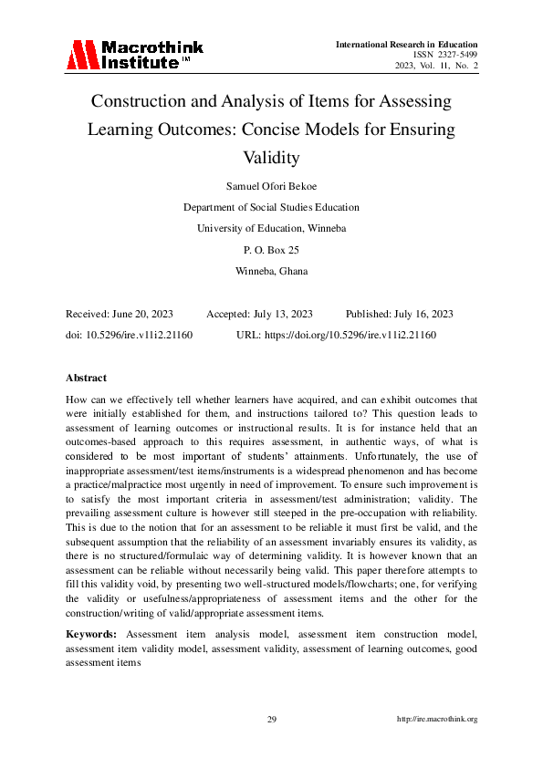 (PDF) Construction and Analysis of Items for Assessing Learning Outcomes: Concise Models for ...
