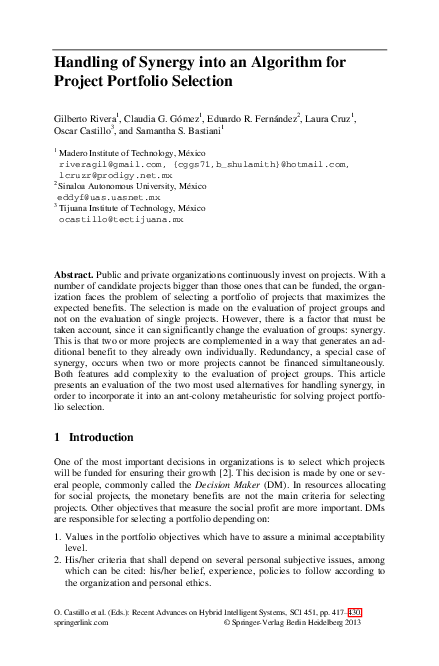 (PDF) Handling of Synergy into an Algorithm for Project Portfolio Selection | claudia martina ...