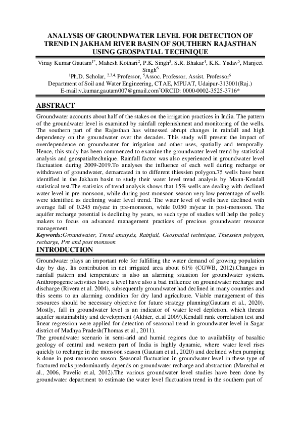 (PDF) ANALYSIS OF GROUNDWATER LEVEL FOR DETECTION OF TREND IN JAKHAM ...