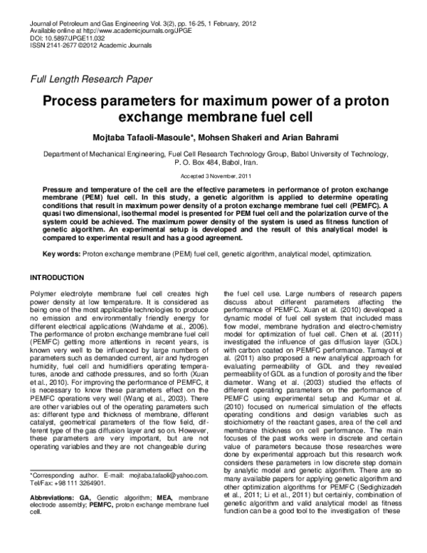 (PDF) Process parameters for maximum power of a proton exchange membrane fuel cell | Mohsen ...