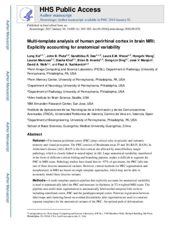 (PDF) Multi-template analysis of human perirhinal cortex in brain MRI ...